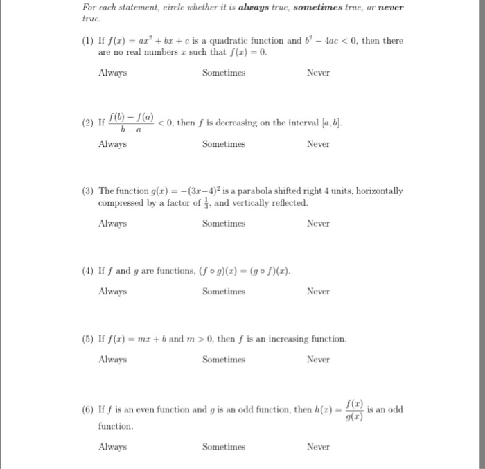 Solved For Each Statement Circle Whether It Is Always True