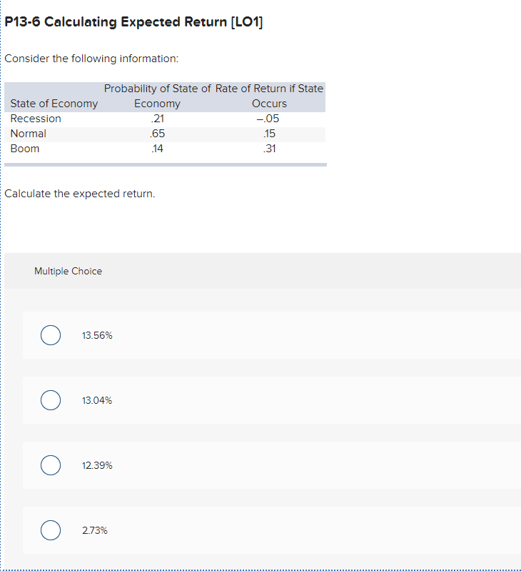 Solved P13-6 Calculating Expected Return [LO1] Consider the | Chegg.com