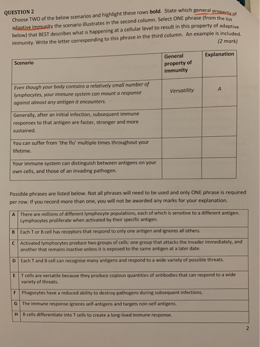 Solved QUESTION 2 adaptive immunity the scenario illustrates | Chegg.com
