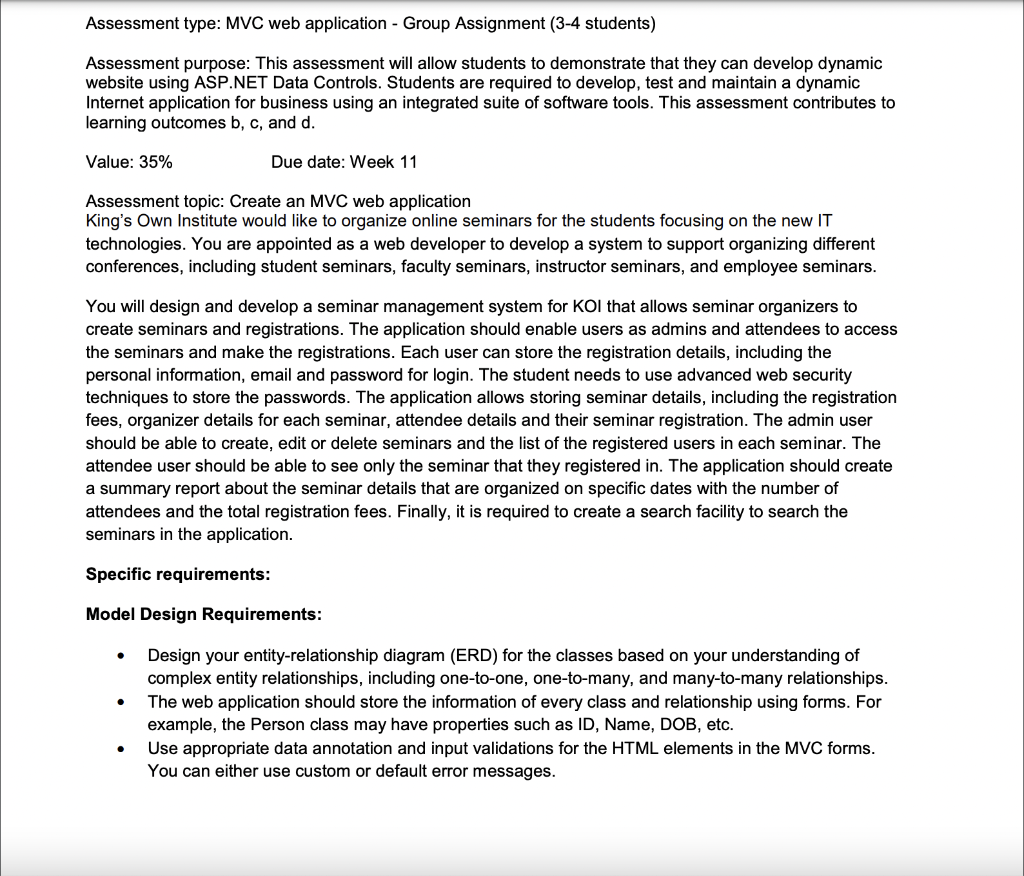 Solved Assessment type: MVC web application - Group | Chegg.com