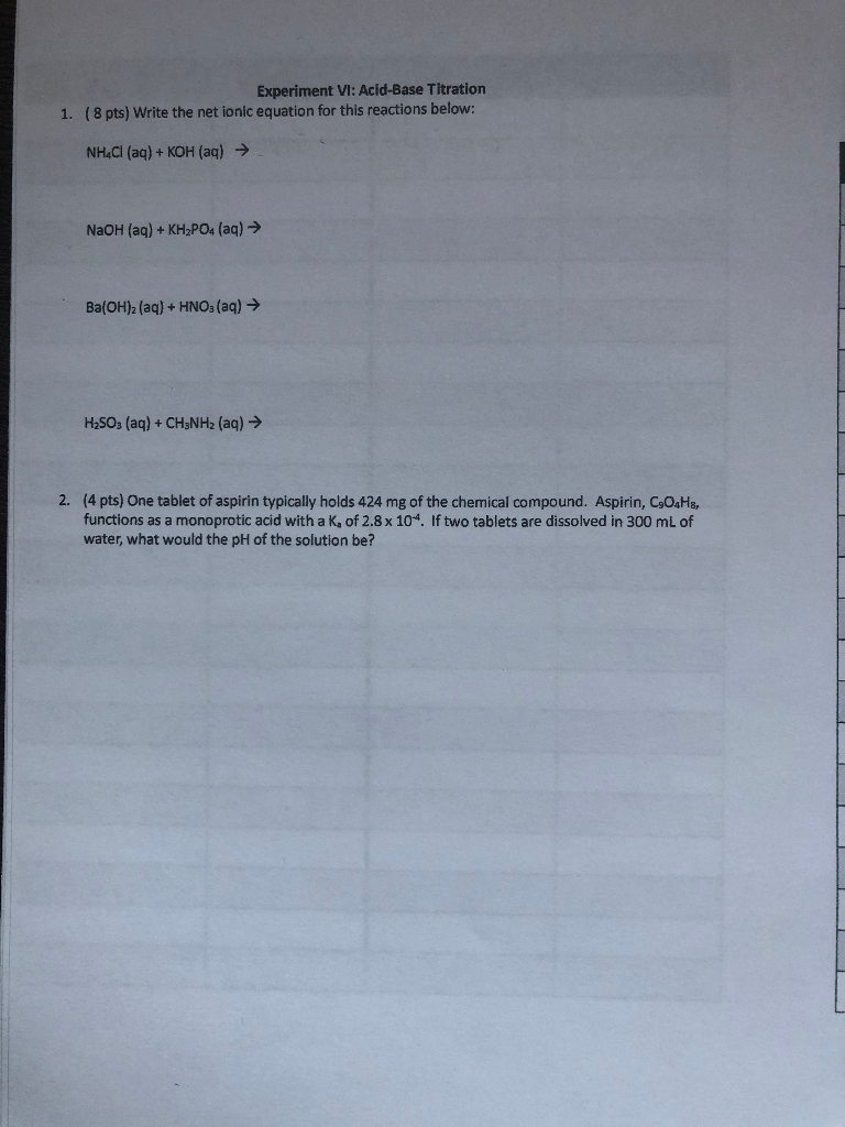 Solved Experiment VI: Acid-Base Titration 1. (8 pts) Write | Chegg.com