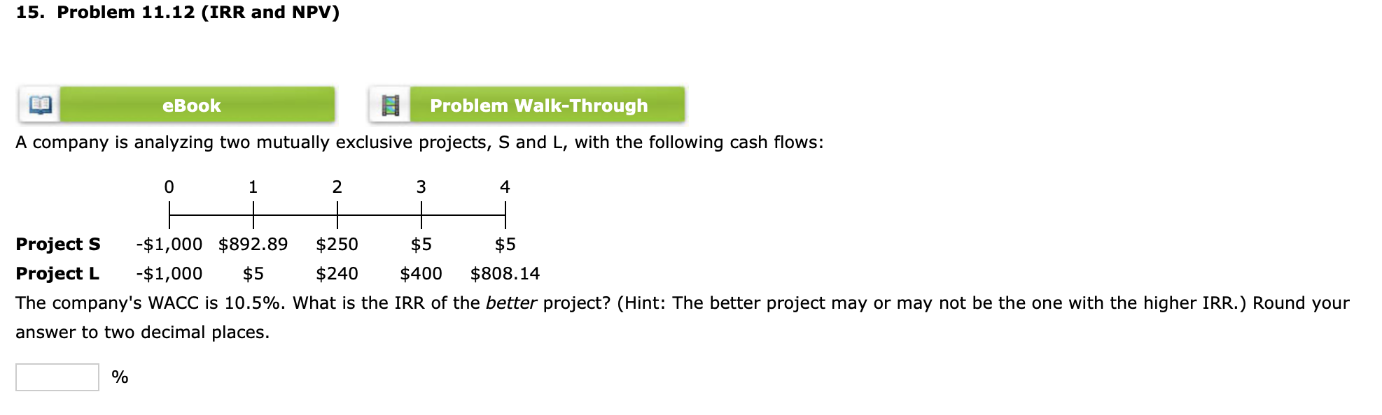 Solved 15. Problem 11.12 (IRR and NPV) eBook Problem | Chegg.com