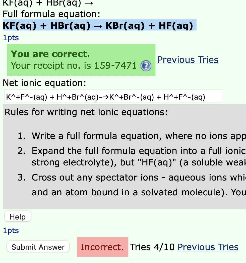 Solved Kr(aq)+HBr(aq)→ Full formula equation: KF(aq) + | Chegg.com