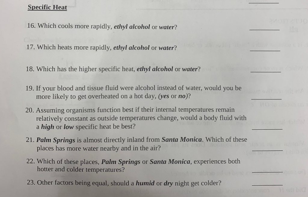 Solved Specific Heat 16. Which cools more rapidly, ethyl | Chegg.com