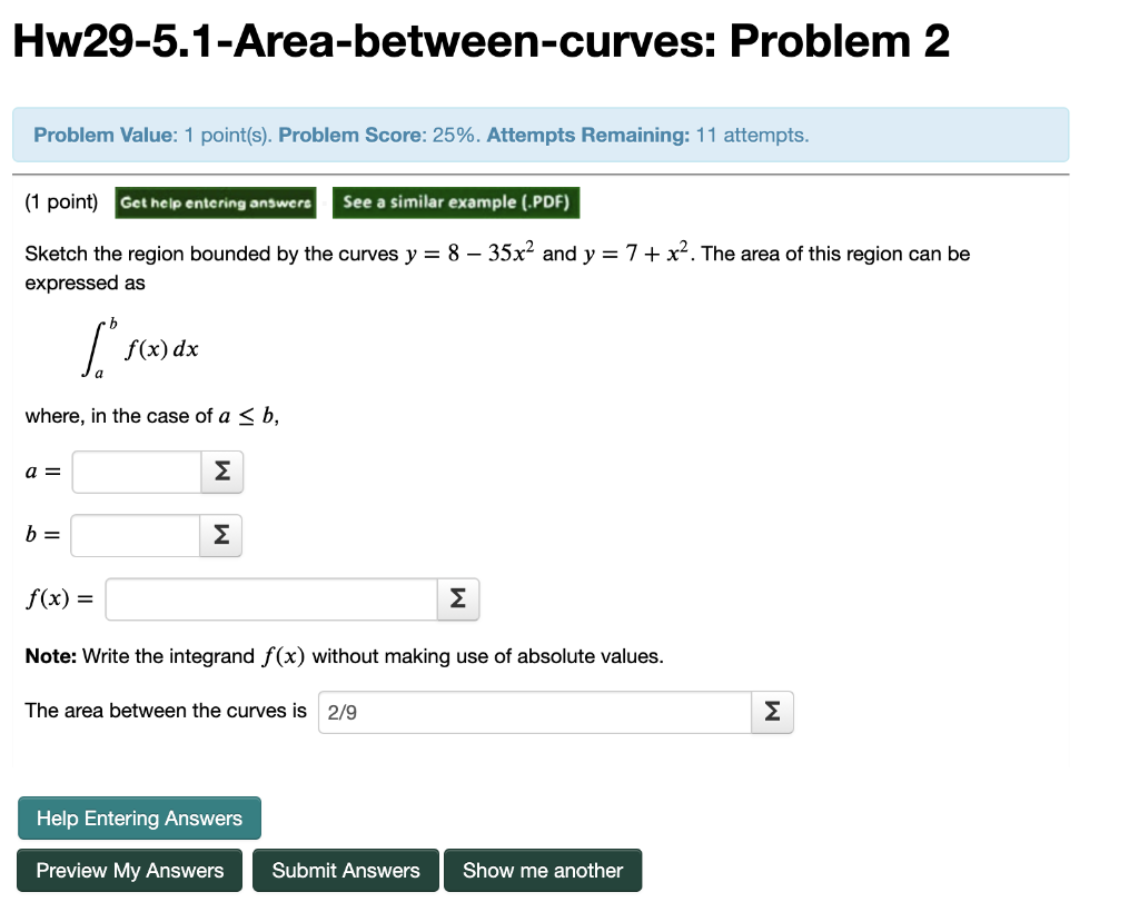 Solved Hw29-5.1-Area-between-curves: Problem 2 Problem | Chegg.com