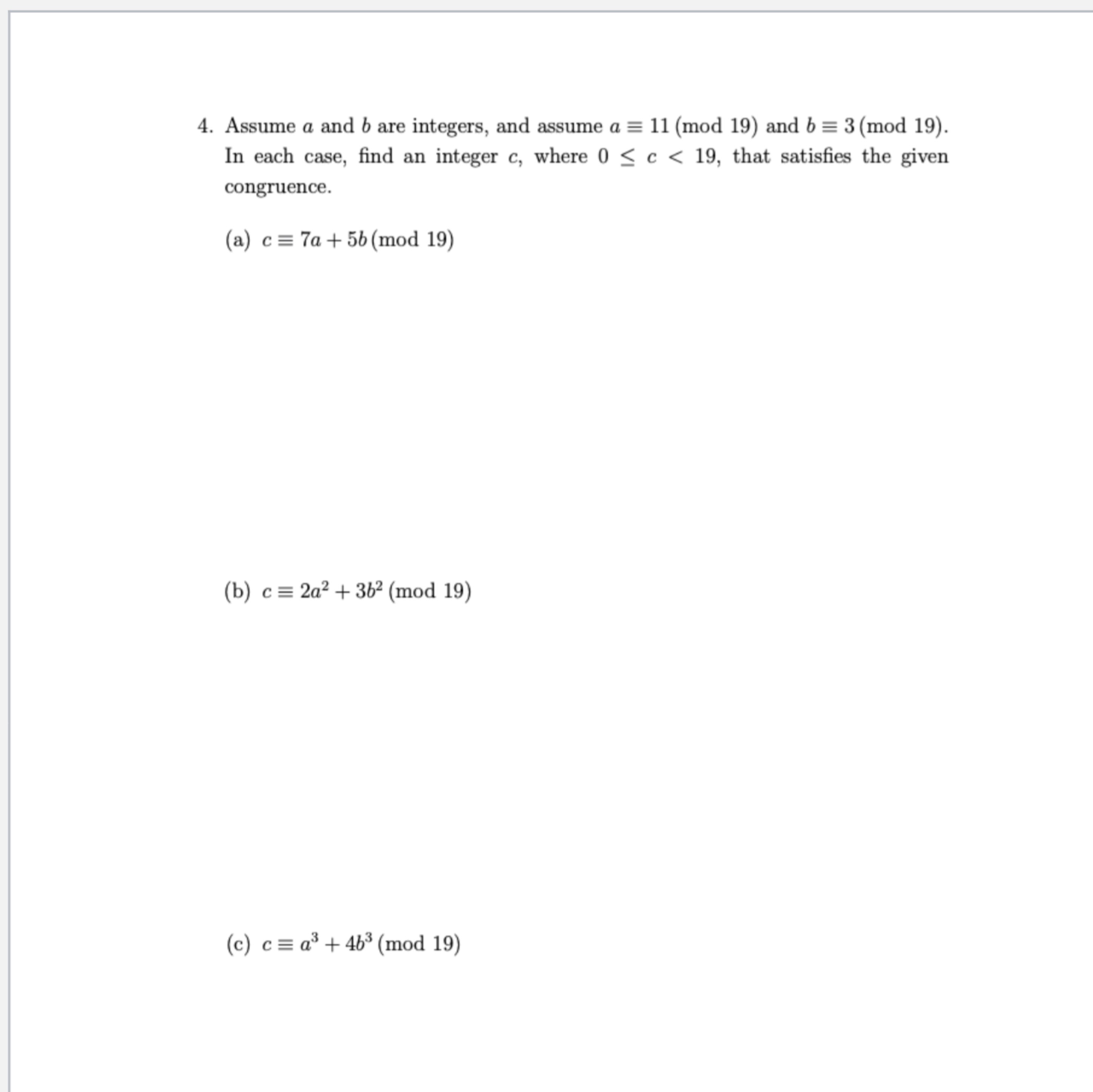 Solved Assume a and b ﻿are integers, and assume a-=11(mod19) | Chegg.com