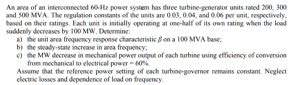 Solved An area of an interconnected 60-Hz power system has | Chegg.com