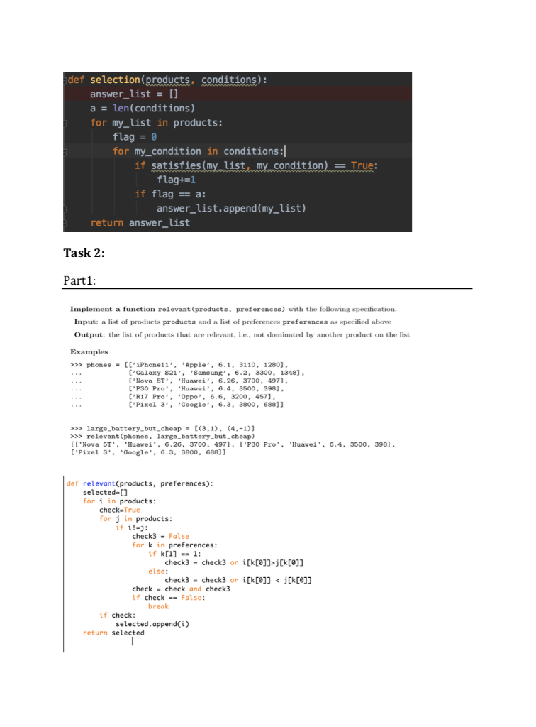 TASK 1 Implement a function selection(products, | Chegg.com