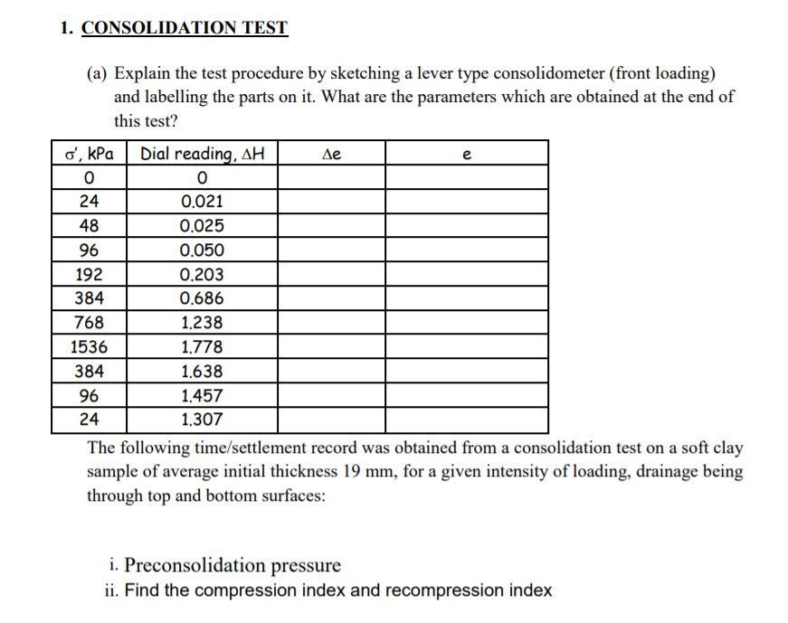 Solved 1. CONSOLIDATION TEST (a) Explain the test procedure | Chegg.com
