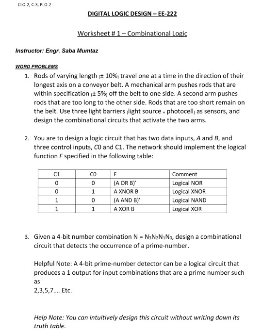 Solved CLO-2, C-3, PLO-2 DIGITAL LOGIC DESIGN- EE-222 | Chegg.com