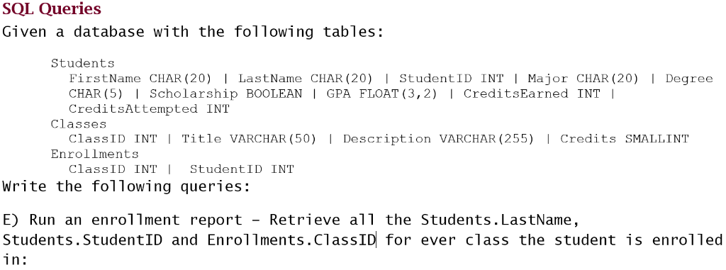 Solved SQL Queries Given a database with the following | Chegg.com
