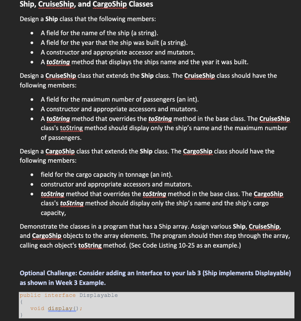 Solved . Ship, Cruise Ship, and CargoShip Classes Design a | Chegg.com