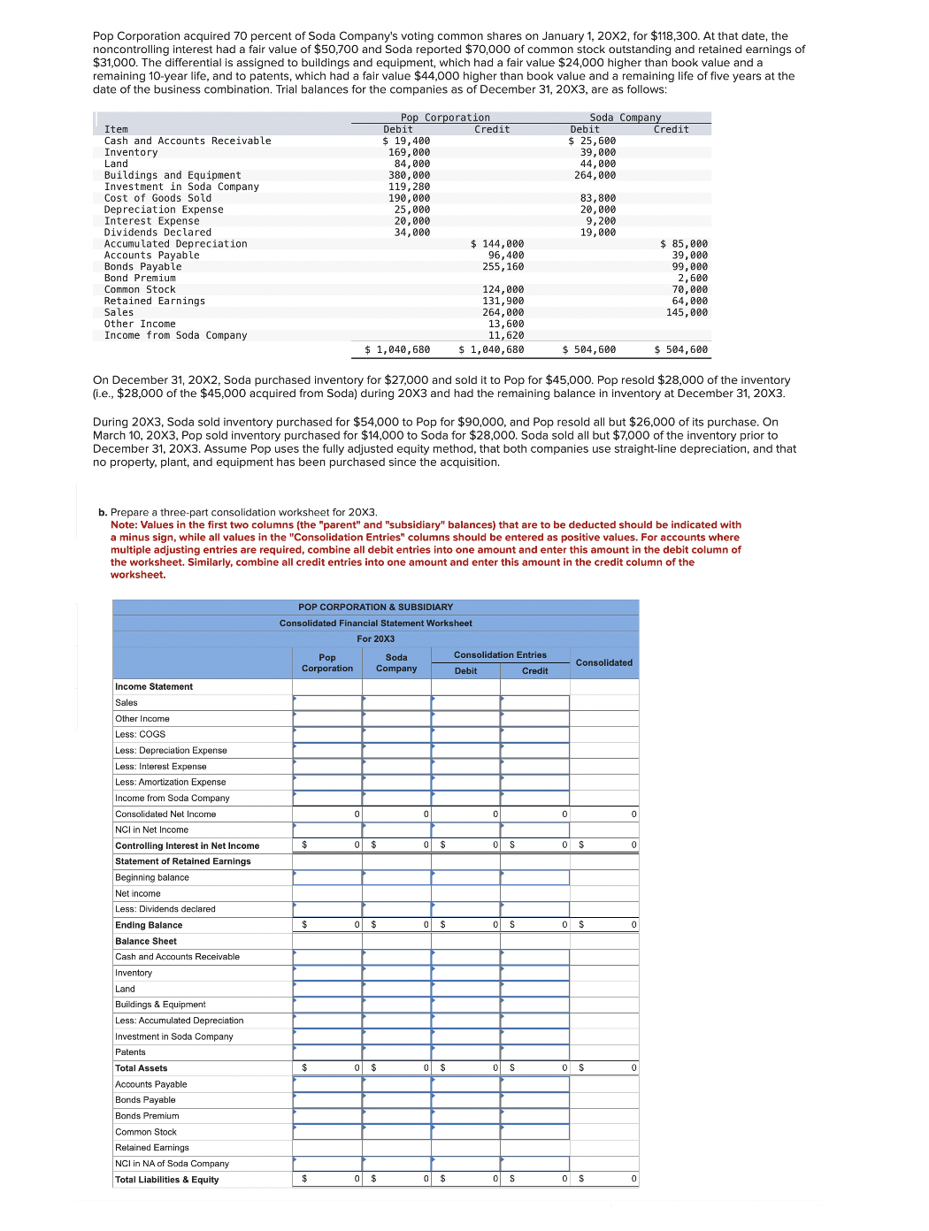 Solved Prepare a three-part consolidation worksheet for | Chegg.com