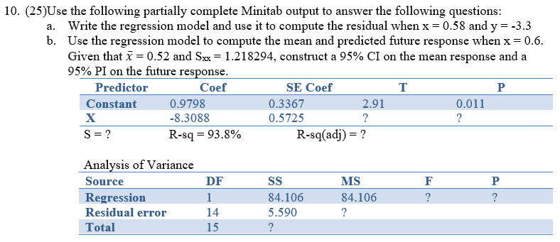 Solved 10. (25)Use the following partially complete Minitab | Chegg.com