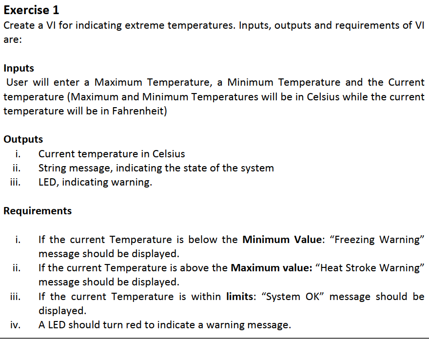 Solved Exercise 1 Create a VI for indicating extreme | Chegg.com