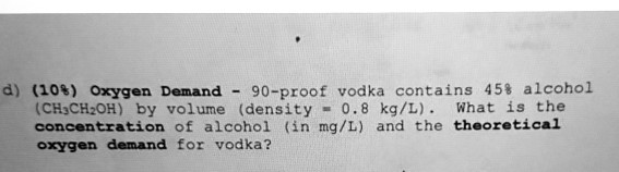 Solved d) (108) Oxygen Demand - 90-proof vodka contains 45% | Chegg.com