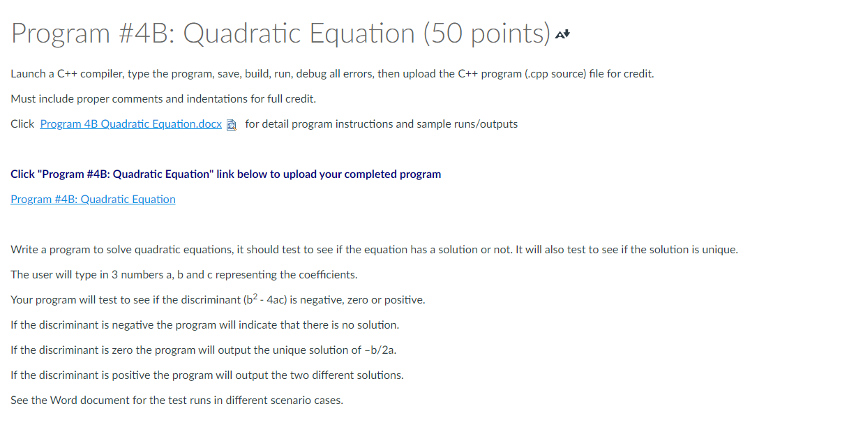 Solved Program #4B: Quadratic Equation (50 points) A Launch | Chegg.com