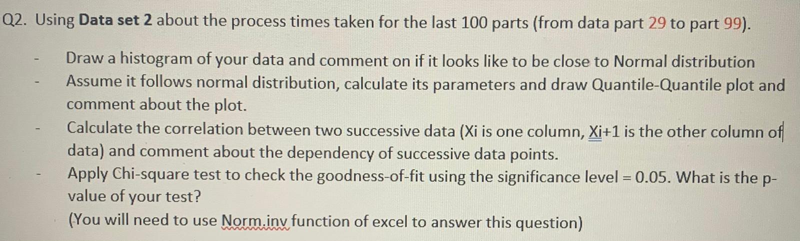 Q2. Using Data set 2 about the process times taken | Chegg.com