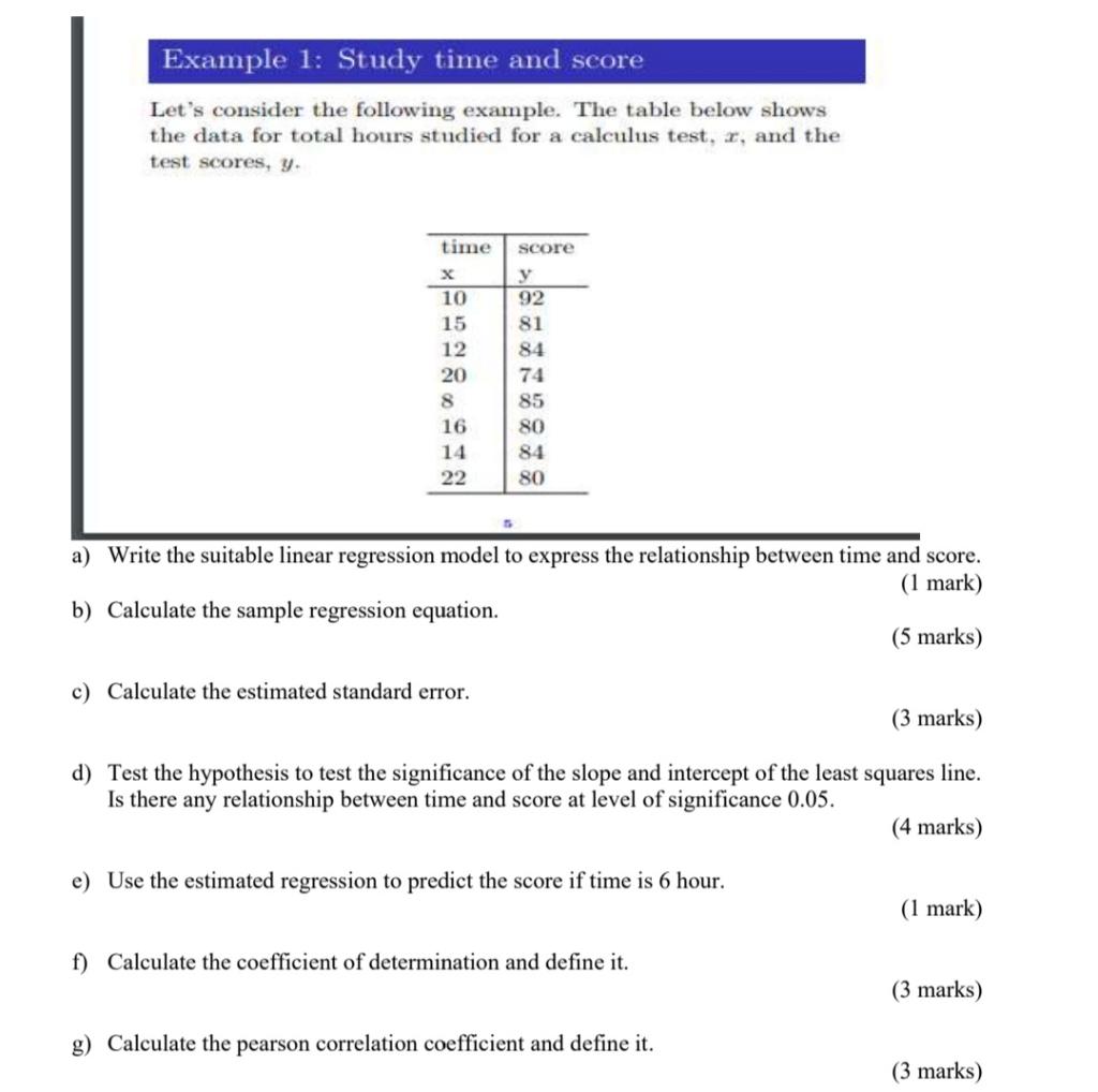 Solved Example 1: Study time and score Let's consider the | Chegg.com