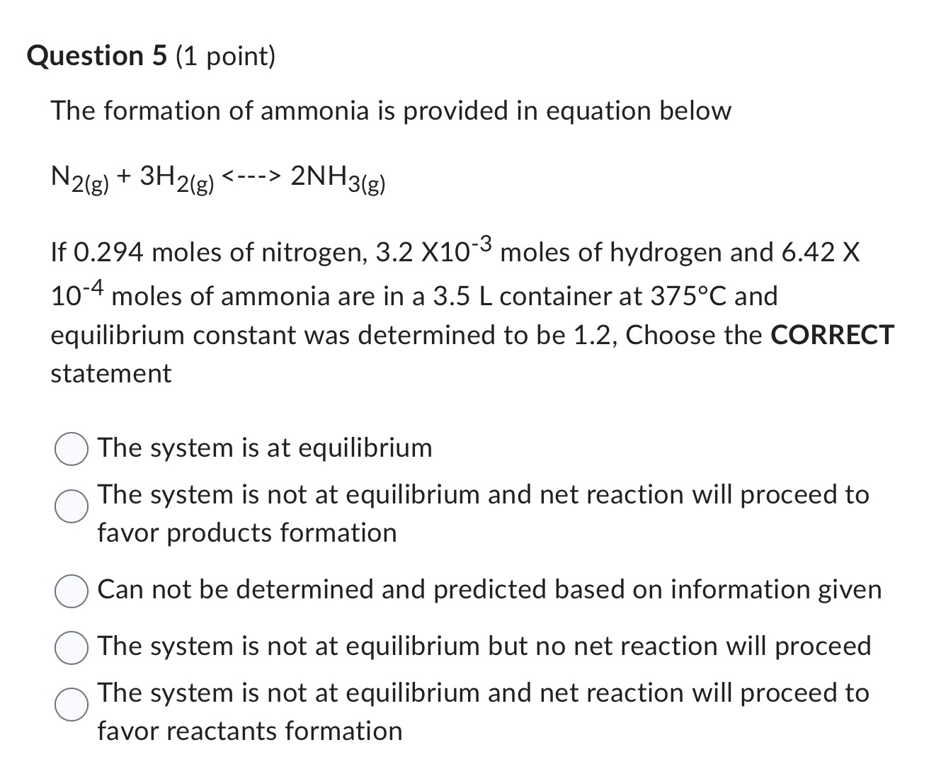 Solved Question 5 (1 point) The formation of ammonia is | Chegg.com
