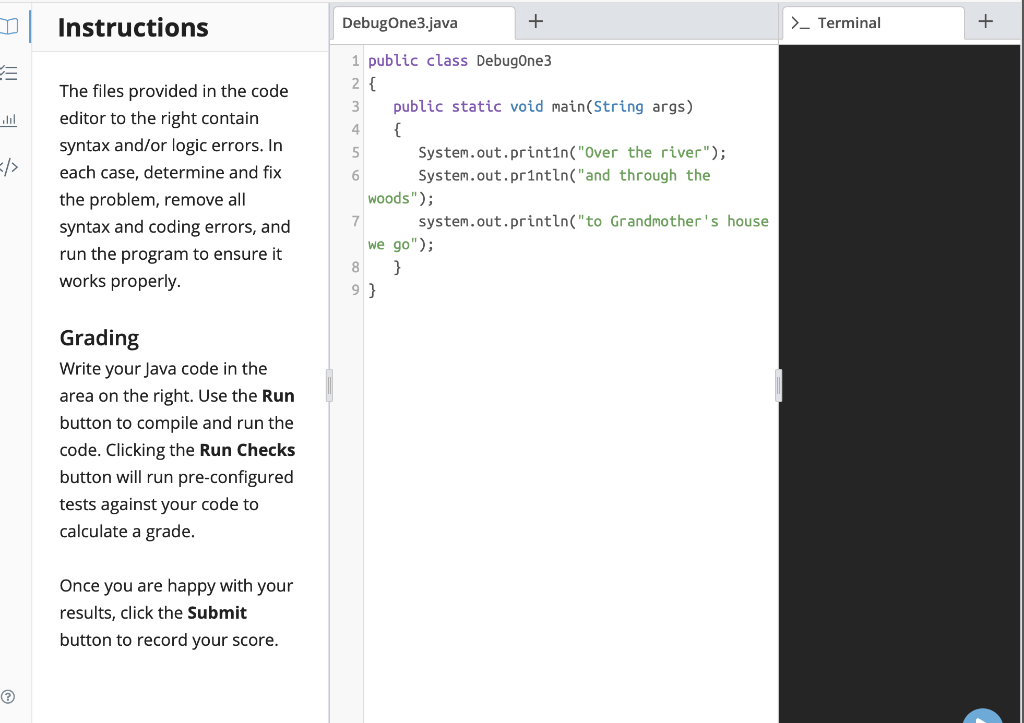 Solved D Instructions DebugOne3.java >_ Terminal 1 public | Chegg.com