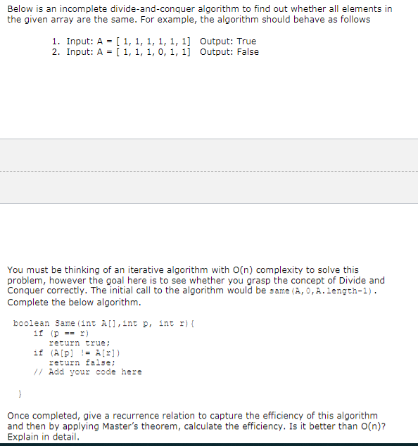 Solved Below is an incomplete divide-and-conquer algorithm | Chegg.com