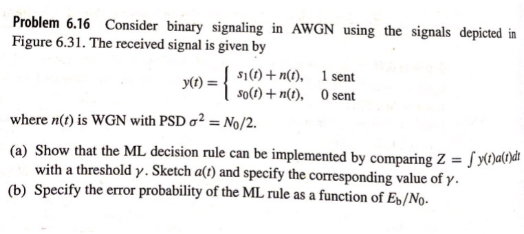 Solved Problem 6.16 Consider binary signaling in AWGN using | Chegg.com