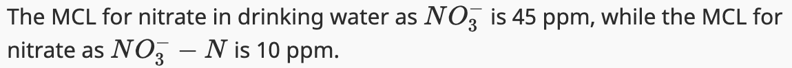 Solved The MCL for nitrate in drinking water as NO3−is | Chegg.com