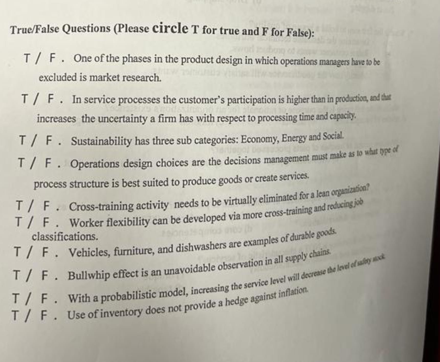 Solved True/False Questions (Please circle T for true and F | Chegg.com