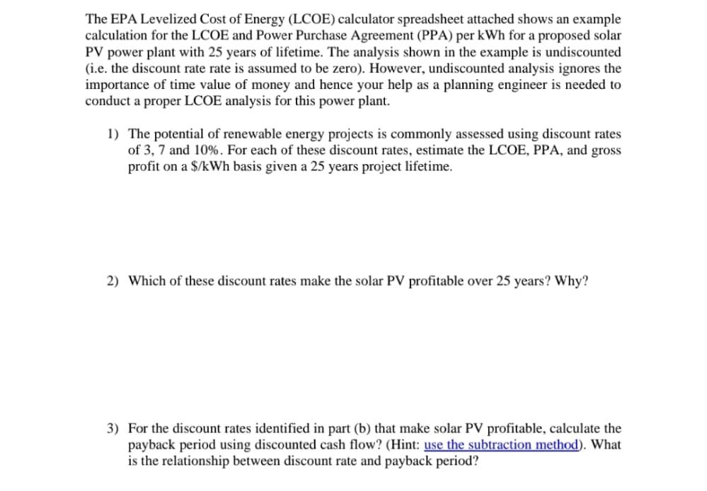 The EPA Levelized Cost of Energy (LCOE) calculator | Chegg.com