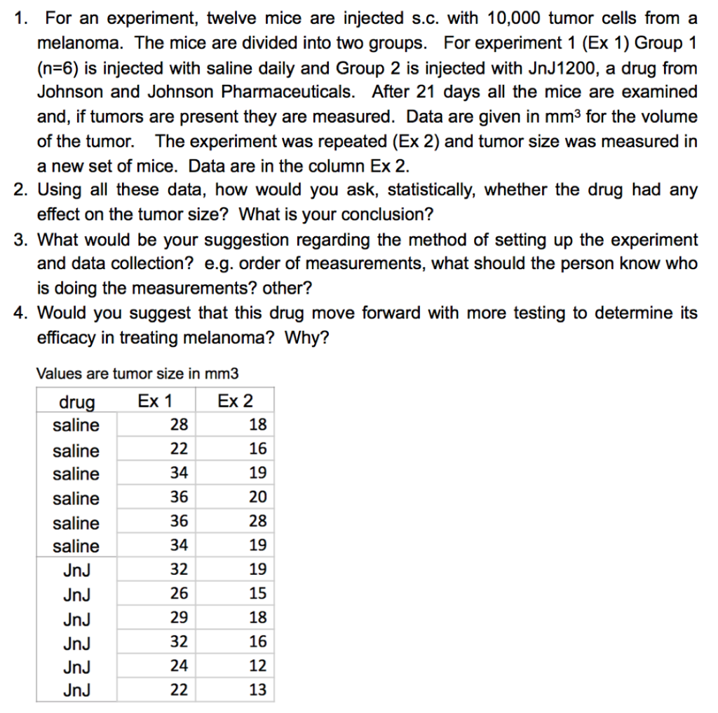 Solved 1. For an experiment, twelve mice are injected s.c. | Chegg.com