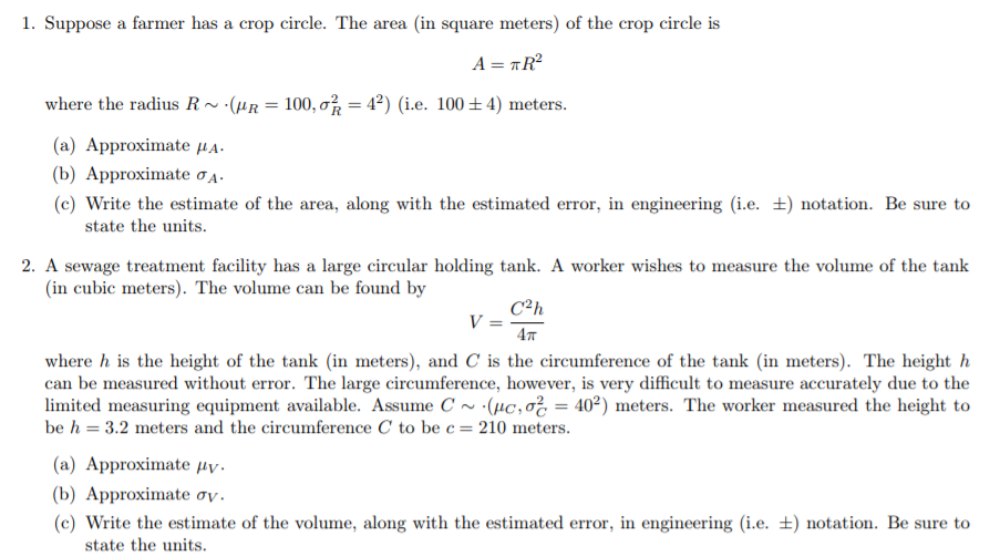 Solved 1. Suppose a farmer has a crop circle. The area (in | Chegg.com
