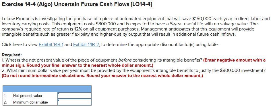 Solved Exercise 14-4 (Algo) Uncertain Future Cash Flows | Chegg.com