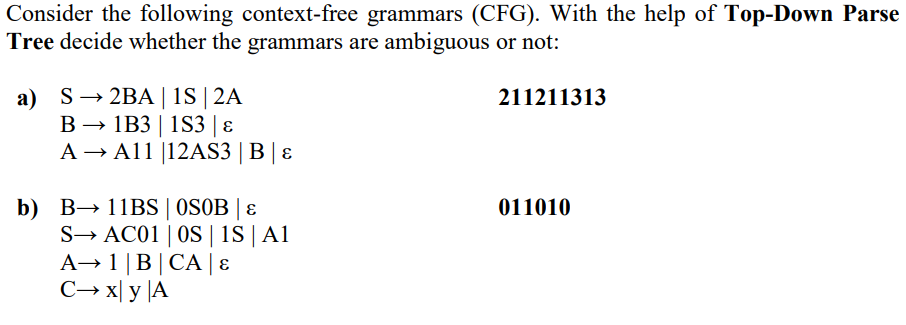 Solved Consider the following context-free grammars (CFG). | Chegg.com