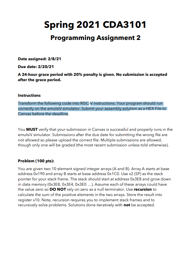 Spring 2021 CDA3101 Programming Assignment 2 Date | Chegg.com