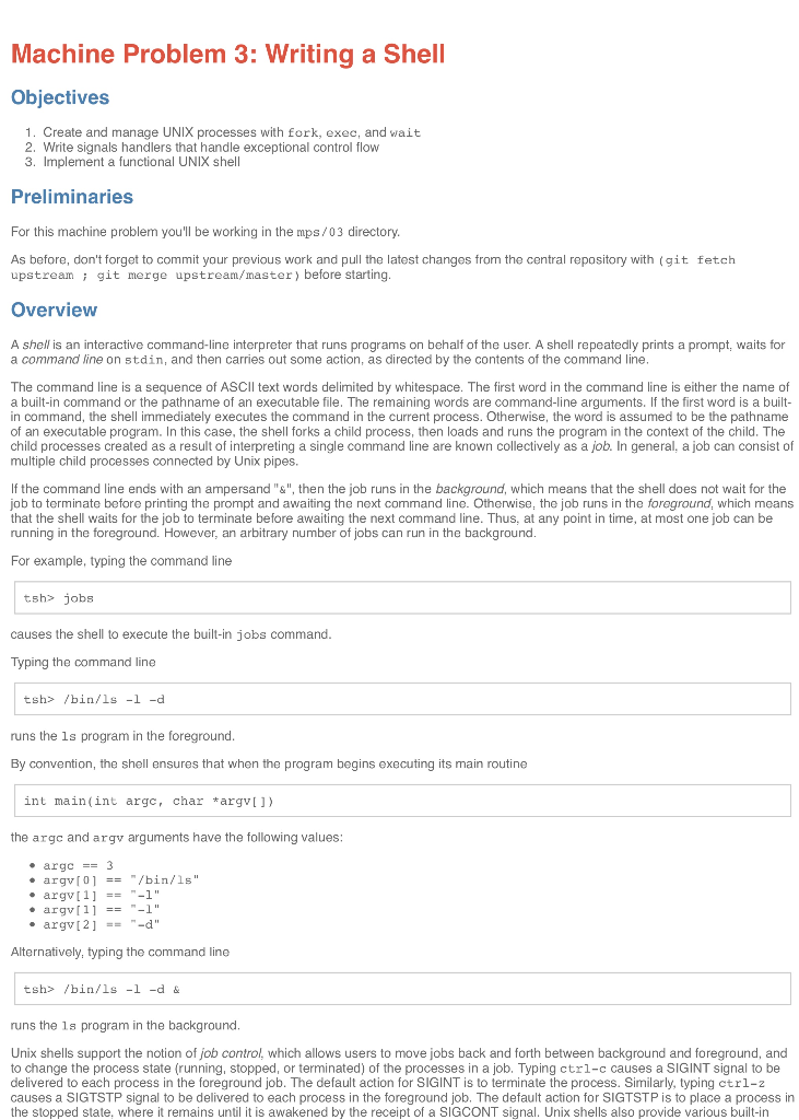 Machine Problem 3: Writing a Shell Objectives 1. | Chegg.com