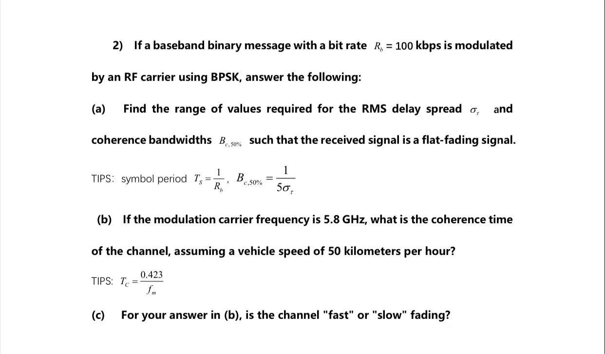 Solved 2) If a baseband binary message with a bit rate R, = | Chegg.com