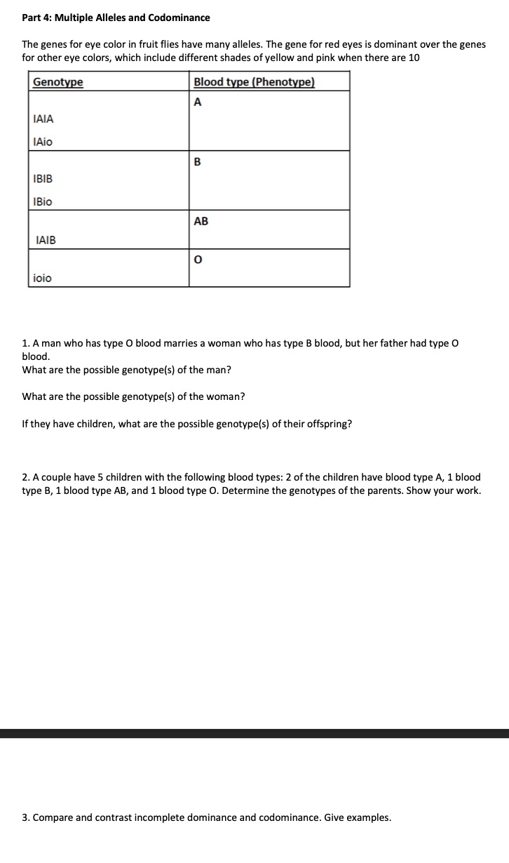 Solved Part 4: Multiple Alleles and Codominance The genes | Chegg.com