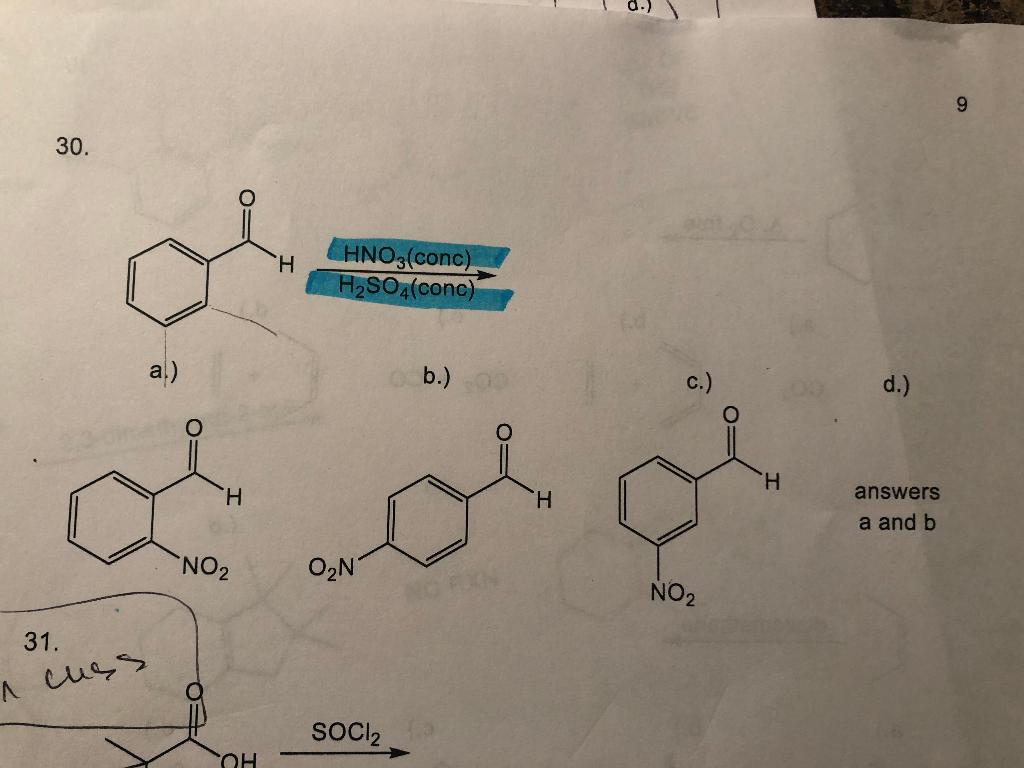 Solved 9 30. Н HNO3(conc) H2SO4(conc) a) b.) c.) d.) H Н. H | Chegg.com