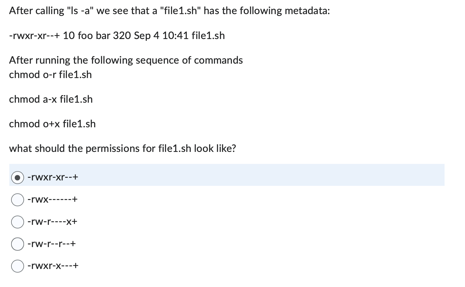 Solved what should the permissions for file1.sh look like? | Chegg.com