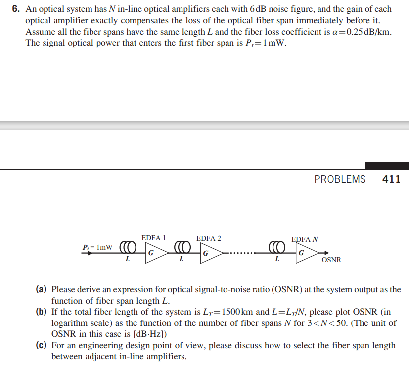 Solved 6. An optical system has N in-line optical amplifiers | Chegg.com