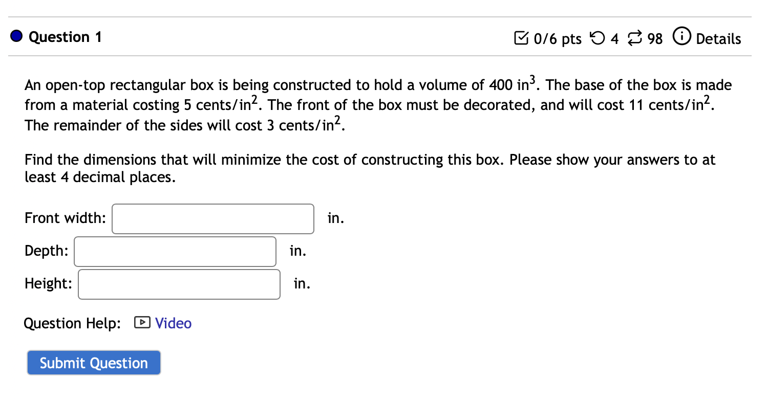 Solved Question 1An open-top rectangular box is being | Chegg.com