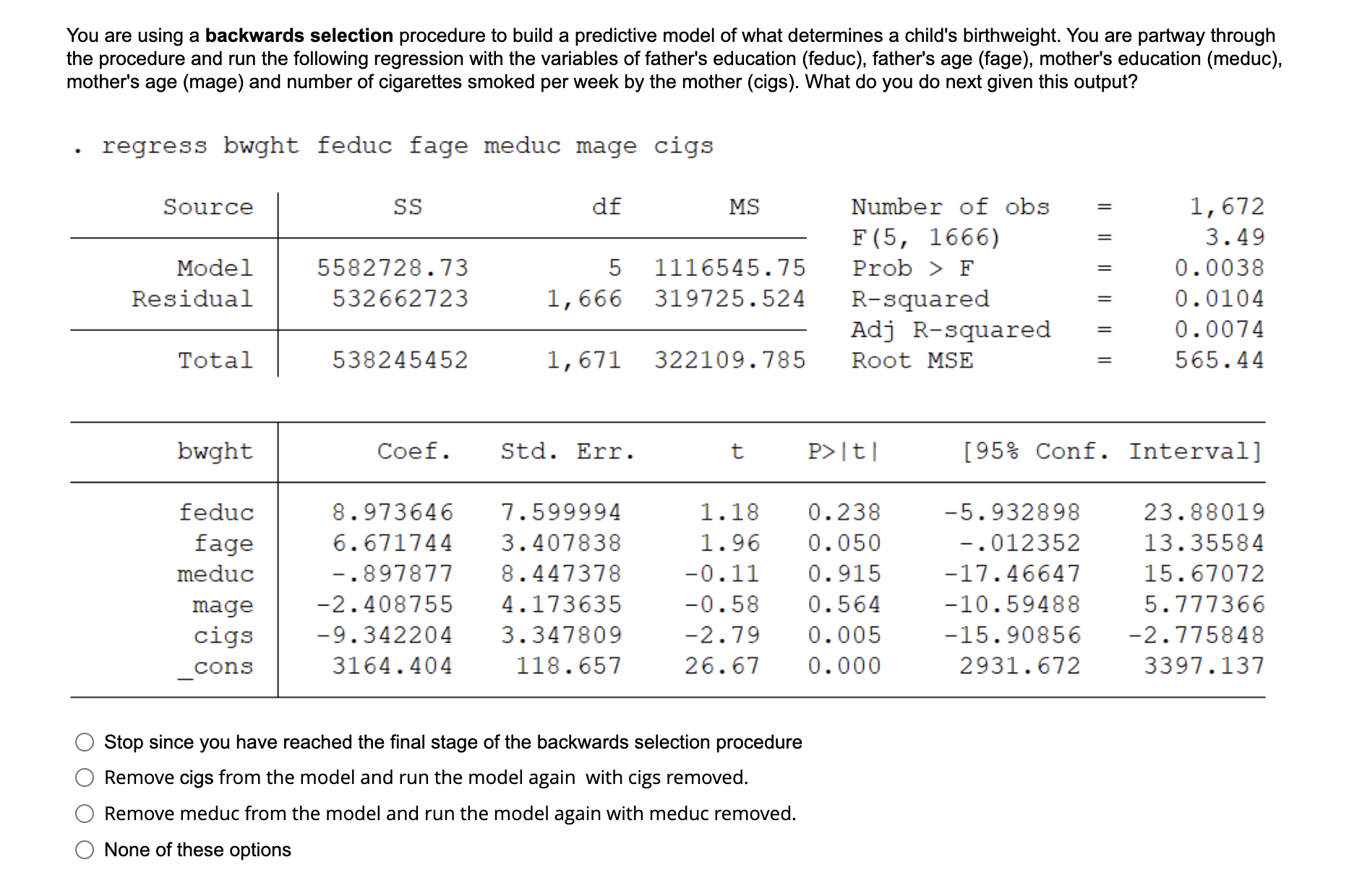 Solved You are using a backwards selection procedure to | Chegg.com