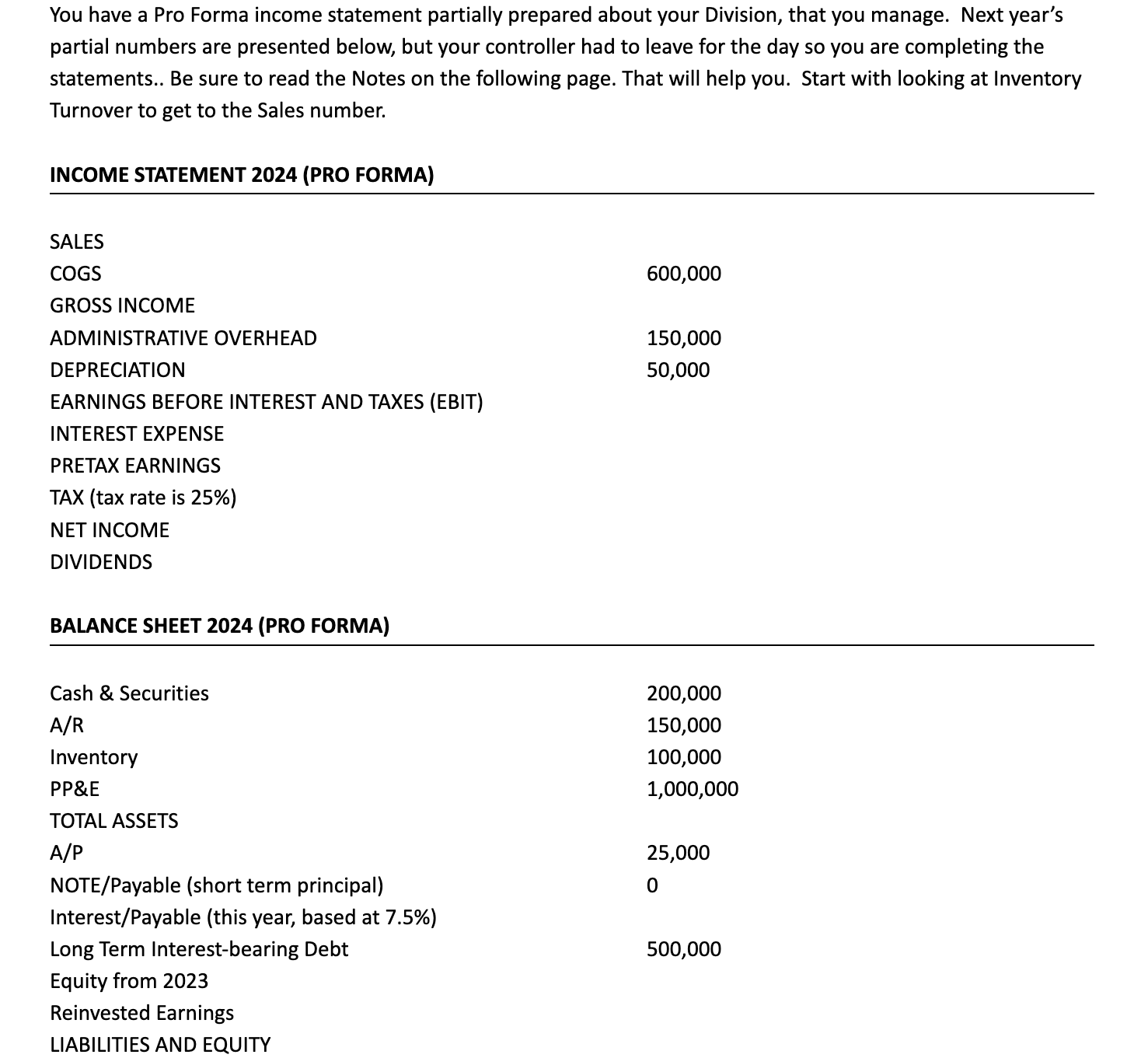 Solved You have a Pro Forma income statement partially | Chegg.com