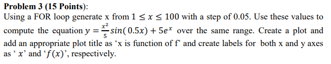 Solved Problem 3 (15 Points): Using a FOR loop generate x | Chegg.com