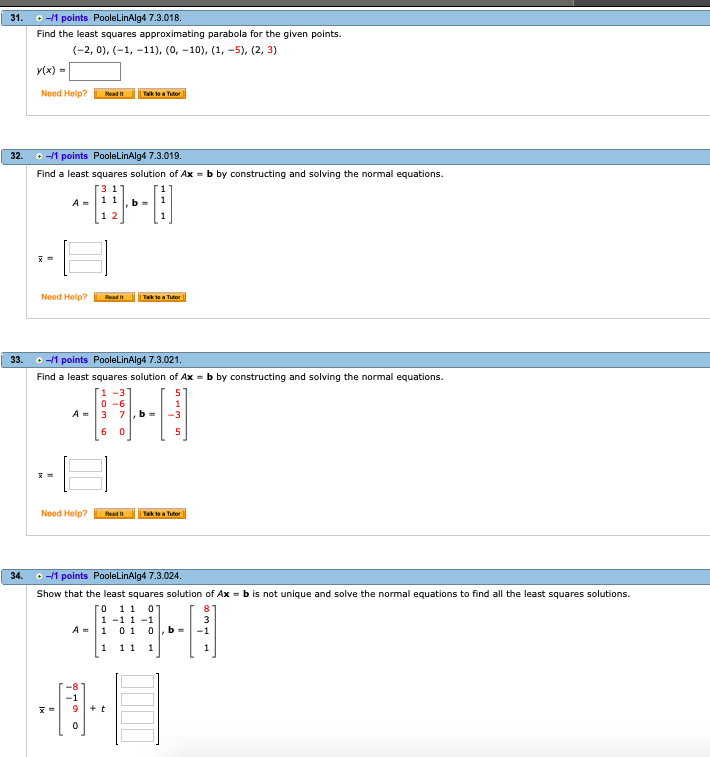 Solved 31 -1 points PooleLinAlg4 7.3.018 Find the least | Chegg.com