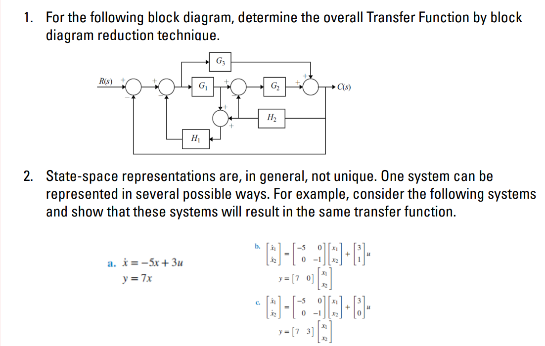 Solved 1. For the following block diagram, determine the | Chegg.com