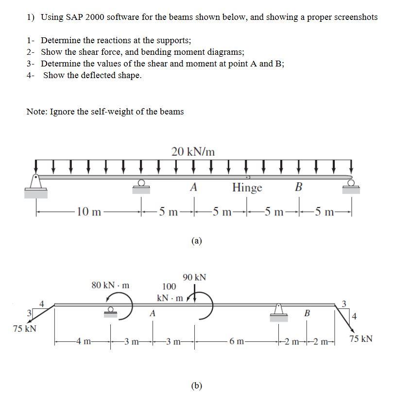 Solved 1) Using SAP 2000 software for the beams shown below, | Chegg.com