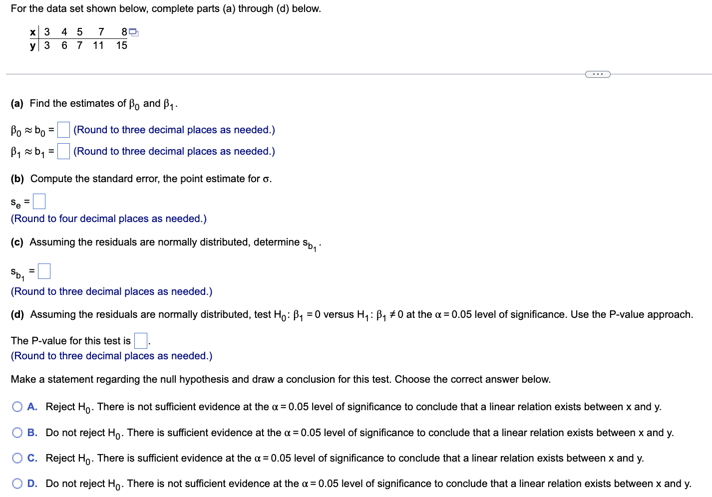 Solved For the data set shown below, complete parts (a) | Chegg.com