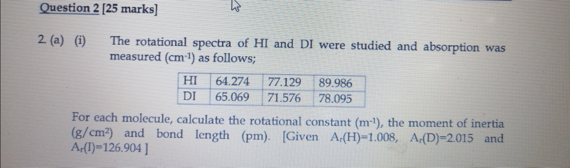 Solved (i) The rotational spectra of HII and DI were studied | Chegg.com